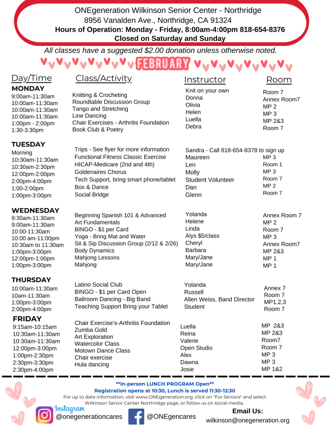 ONEgeneration Wilkinson Senior Center February 2025