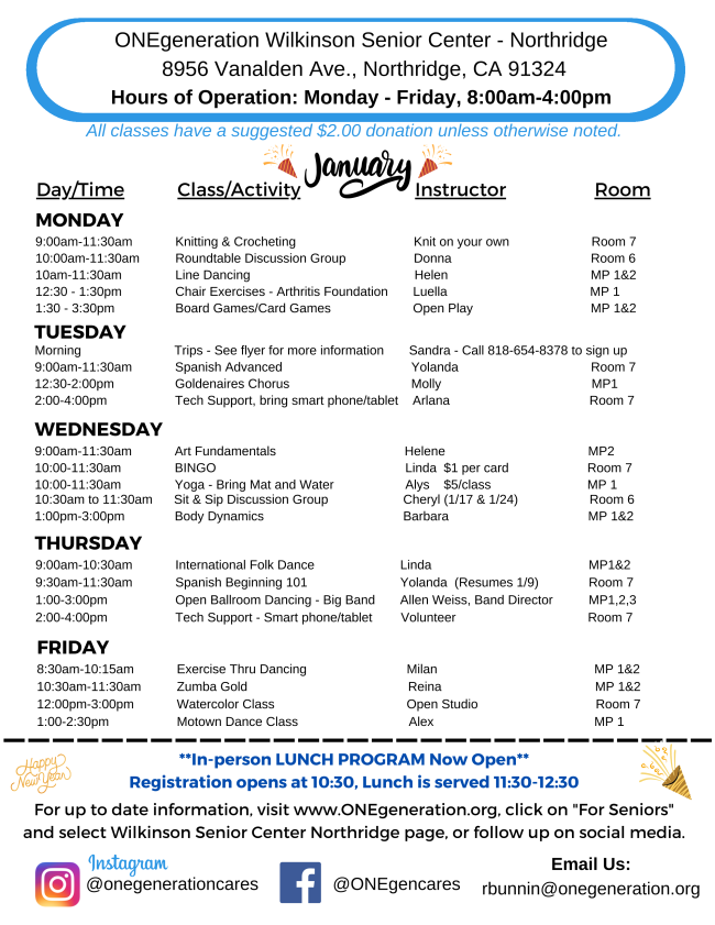 ONEgeneration Wilkinson Senior Center January 2024