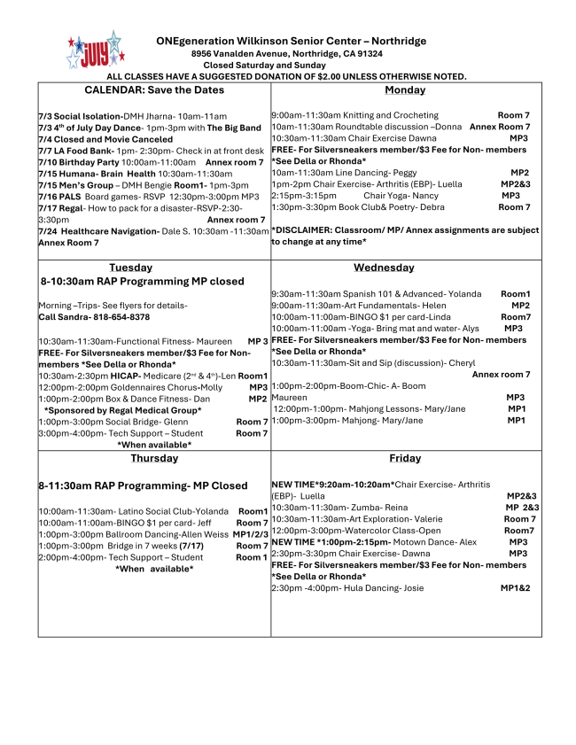 ONEgeneration Wilkinson Senior Center July 2025