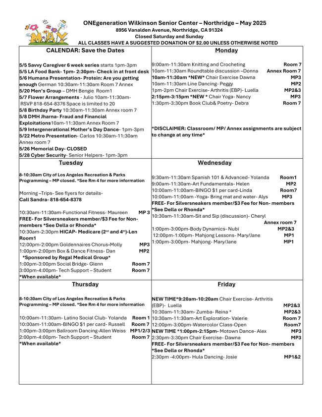 ONEgeneration Wilkinson Senior Center May 2025