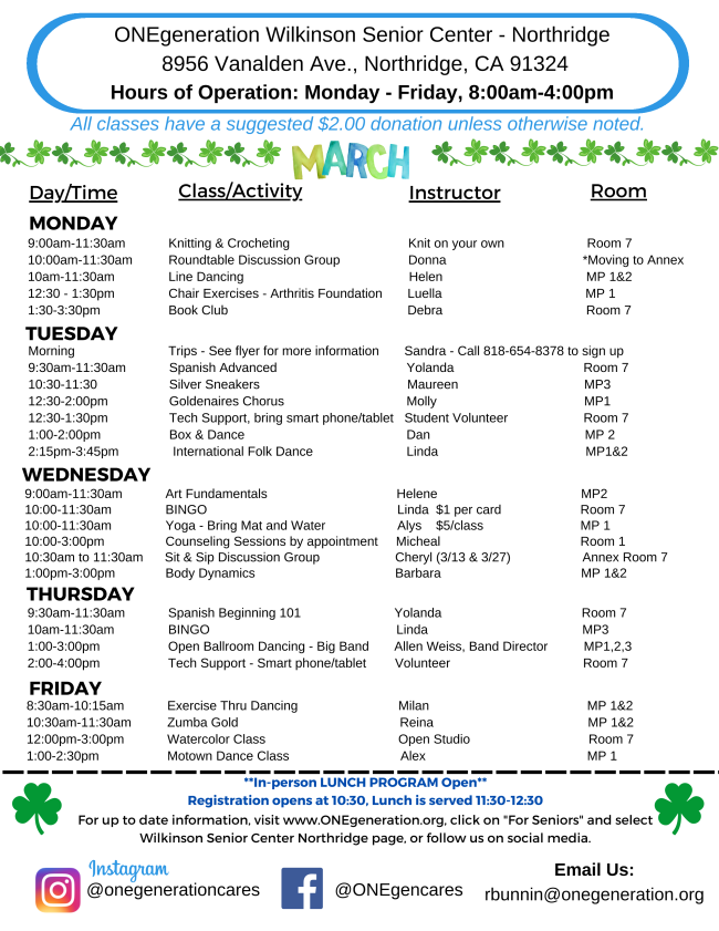 ONEgeneration Wilkinson Senior Center March 2024