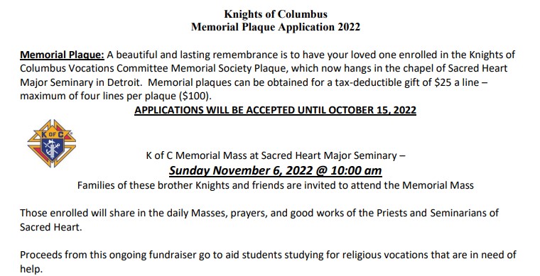 Michigan K of C Weekly Email Sunday August 7th, 2022Brother Knight,