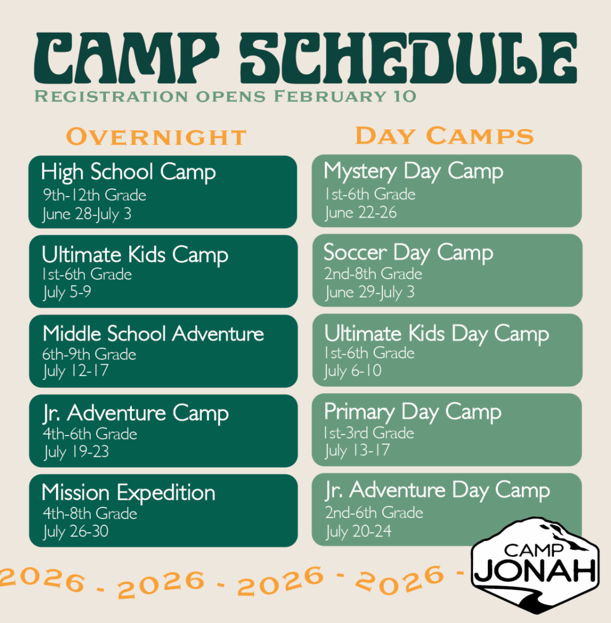 Camp Schedule & Matching Gift Opportunity