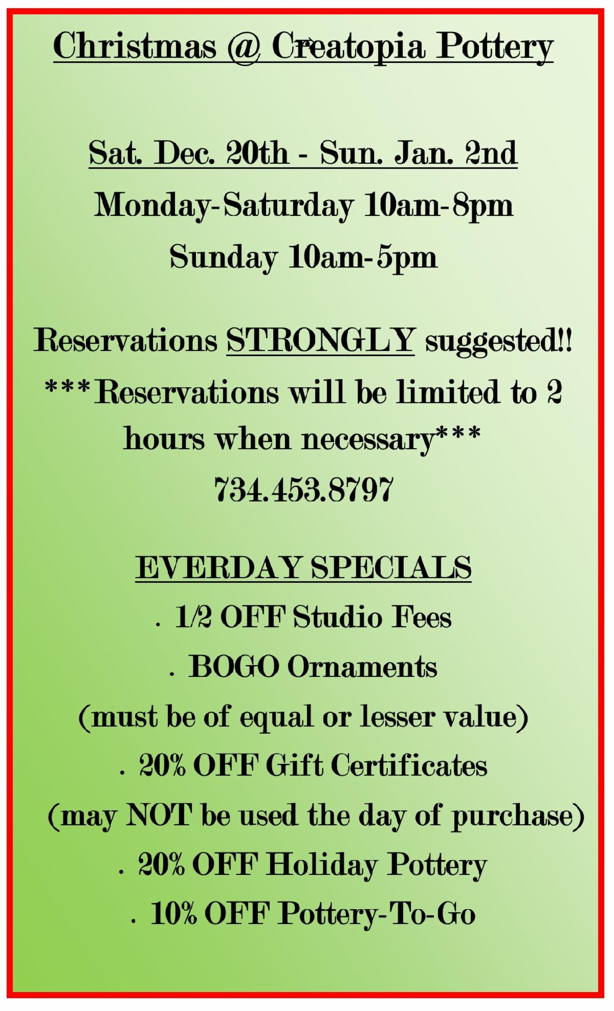 December at Creatopia Pottery