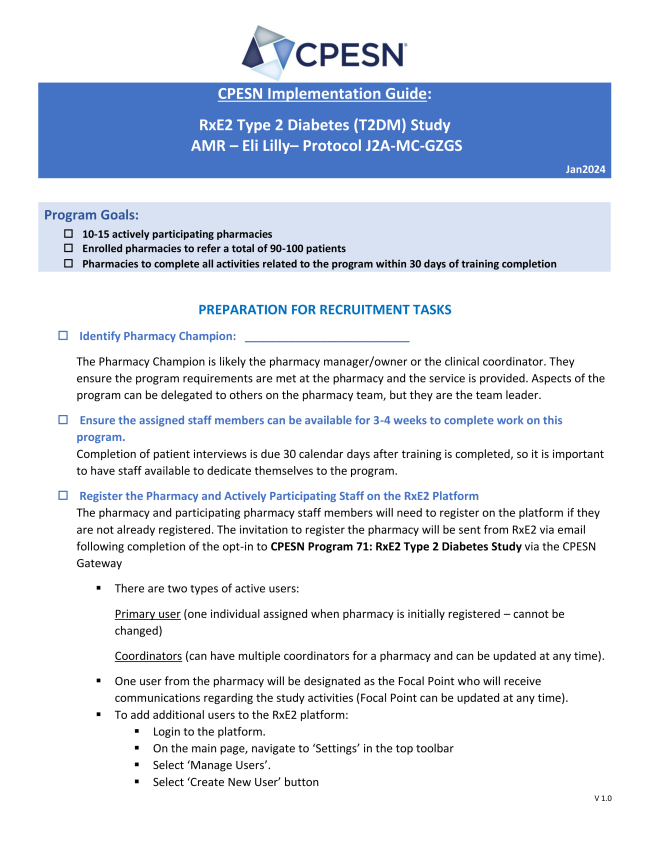 *Action* New Payer Program - RxE2 Type 2 Diabetes Program Enrollment