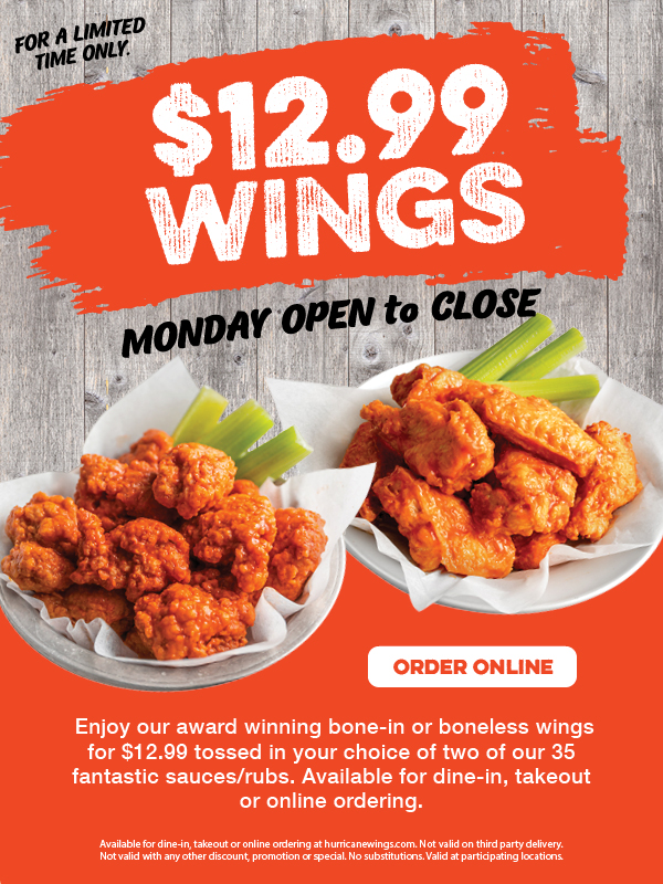 Order Our $12.99 🍗 Wings Online or Dine-In this Monday