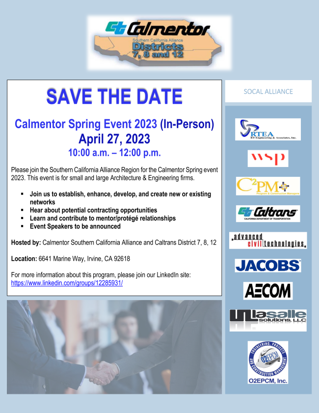Save the Date!! Spring 2023 Calmentor Event Hosted by Caltrans District 12