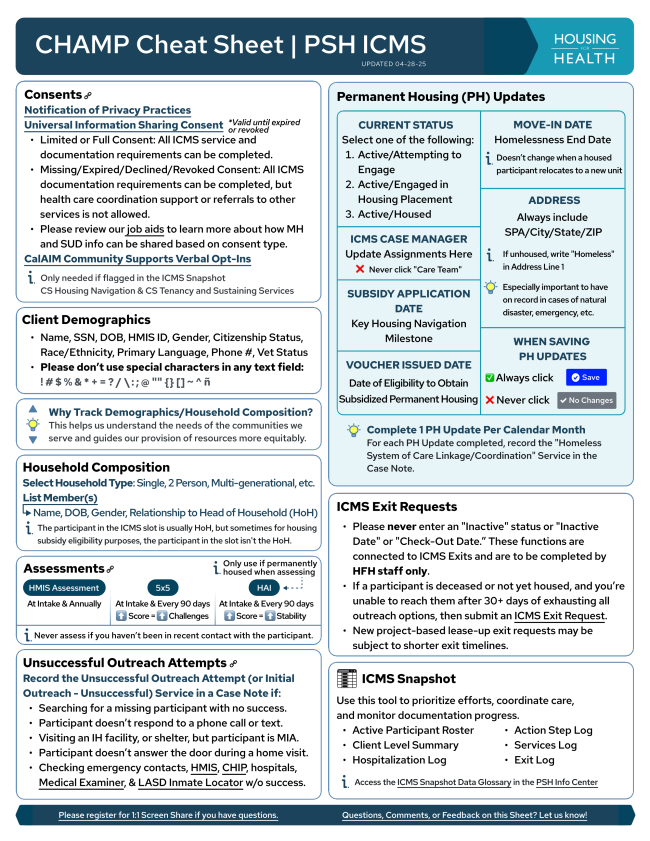 PSH ICMS CHAMP Cheat Sheet Landing Page