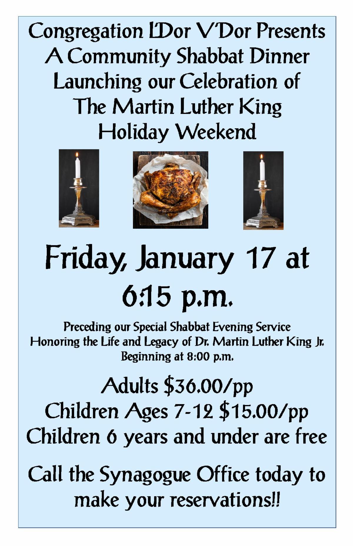 Last Call for Shabbat Dinner this Friday at 6:15 pm and MLK Shabbat ...