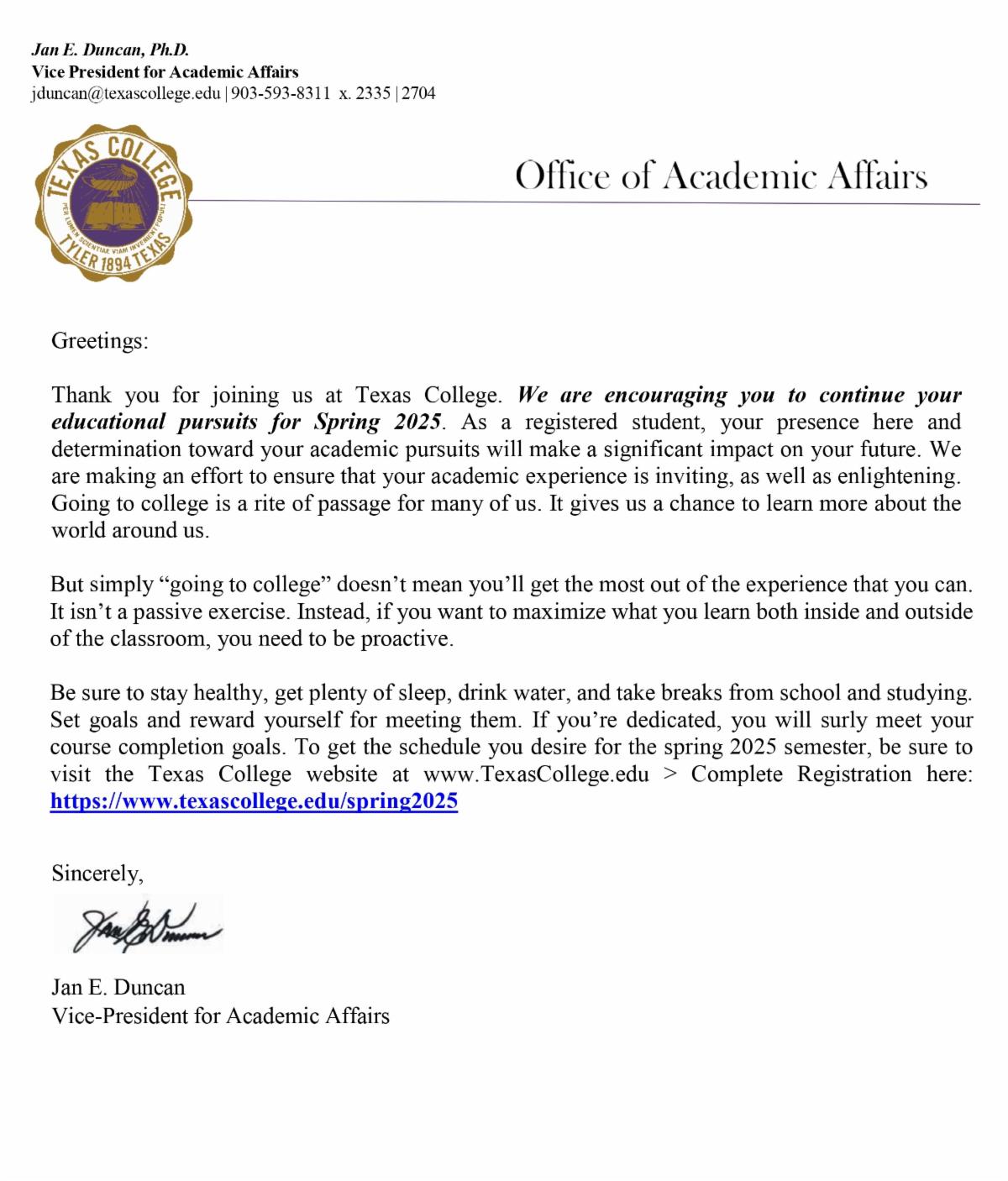 Important Info. From the VP for Academic Affairs