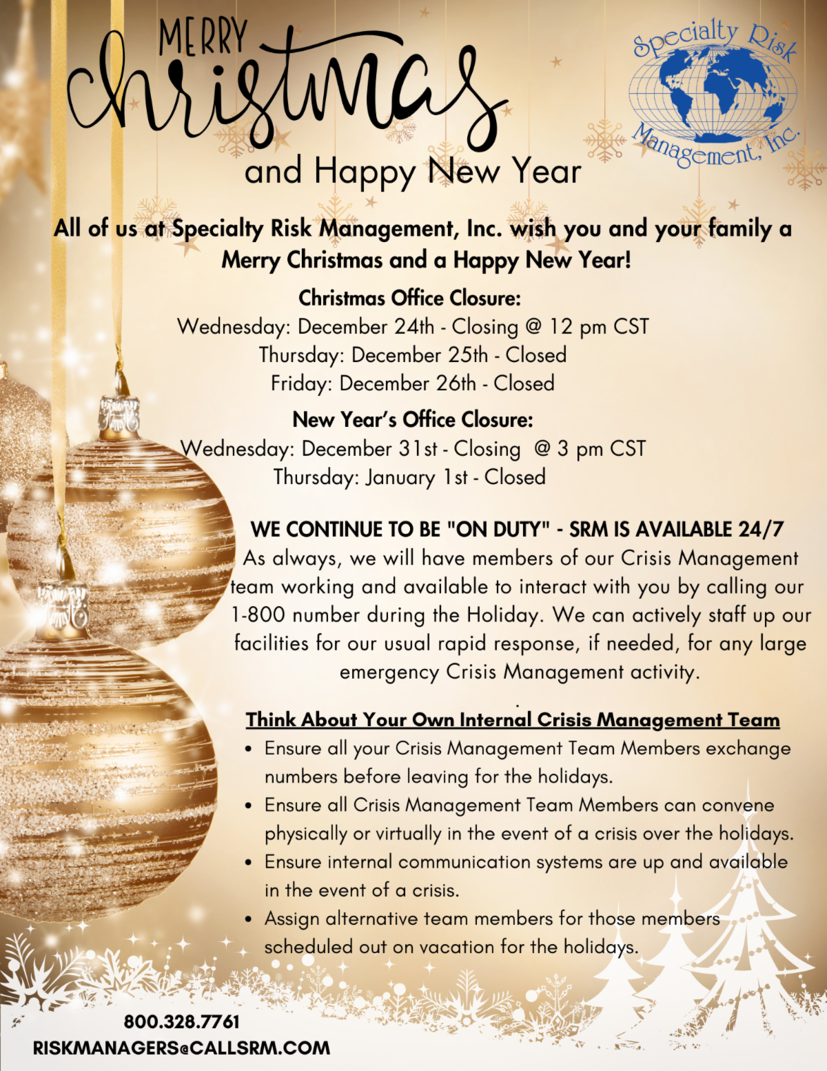 Reminder: Notice of Holiday Office Hours - Christmas and New Year's
