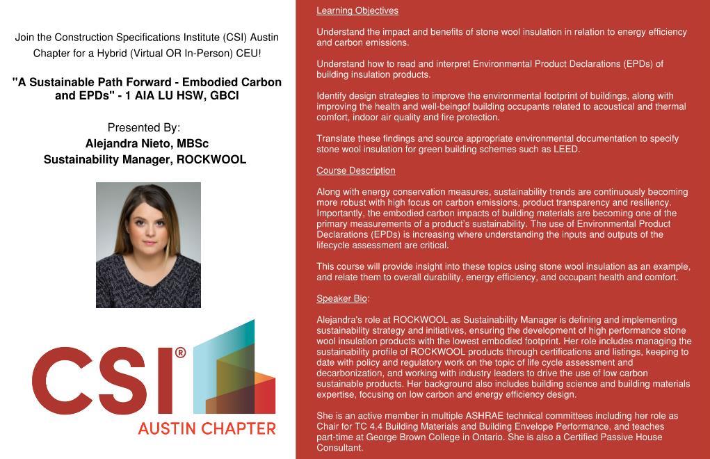 CSI Austin Chapter (Hybrid) Event June 12th: Sustainability with Rockwool