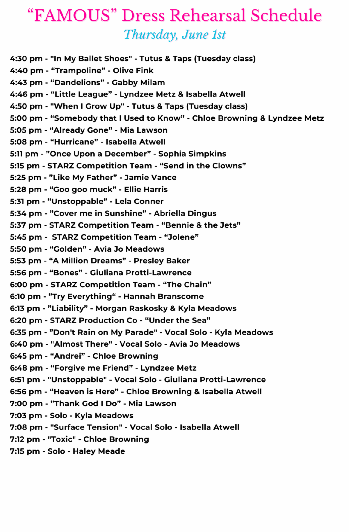 IMPORTANT! In-Studio Showcases & Dress Rehearsal Schedule