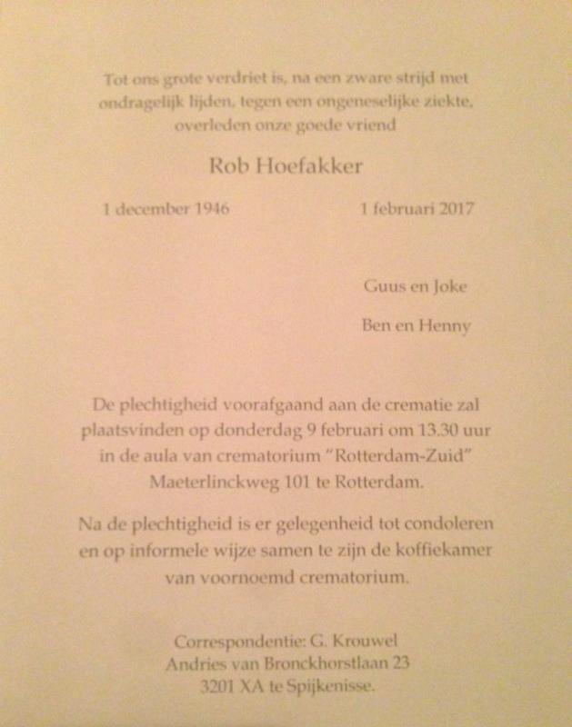 Rob Hoefakker overleden