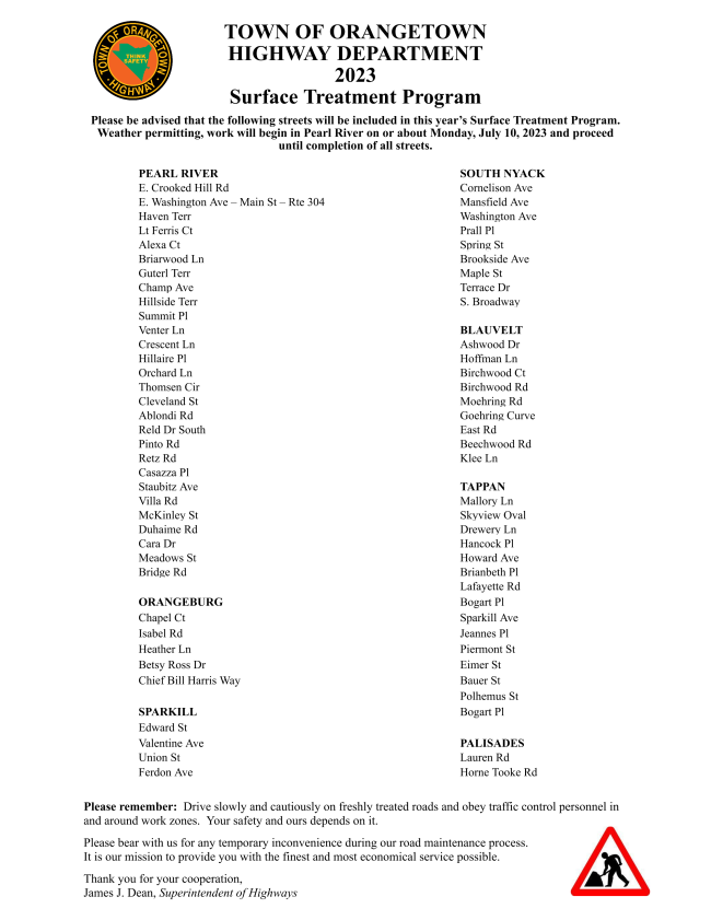 Town of Orangetown Highway Department Surface Treatment Program
