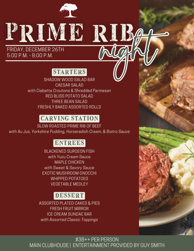 Prime Rib Buffet & Live Entertainment – Friday, December 26th