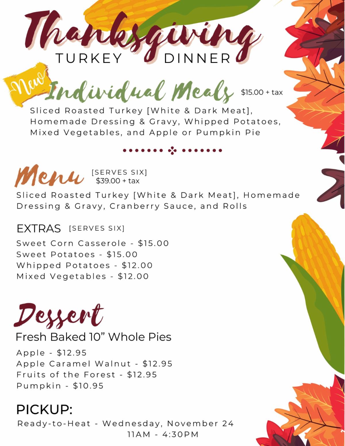 Order now...Wednesday Dinner To Go & Thanksgiving Meals