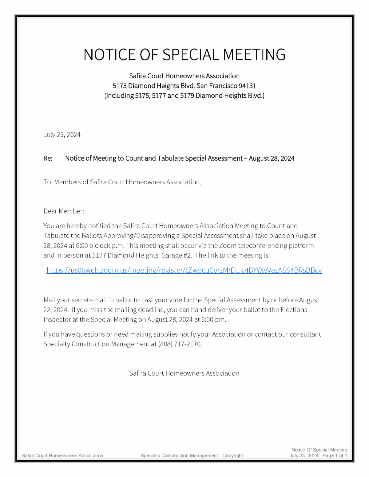 Safira Court Homeowners Association - Special Meeting Notice & Special ...