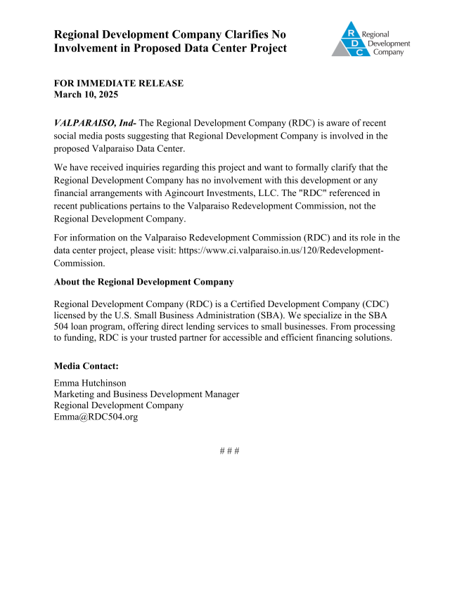 Statement from RDC 504: No Involvement in Valparaiso Data Center Project