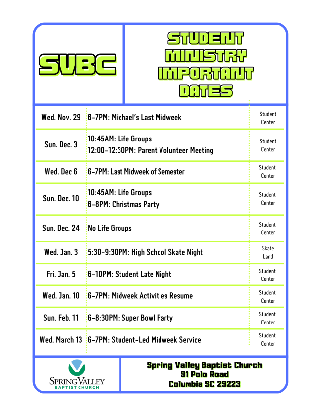 Student Ministry Important Upcoming Dates