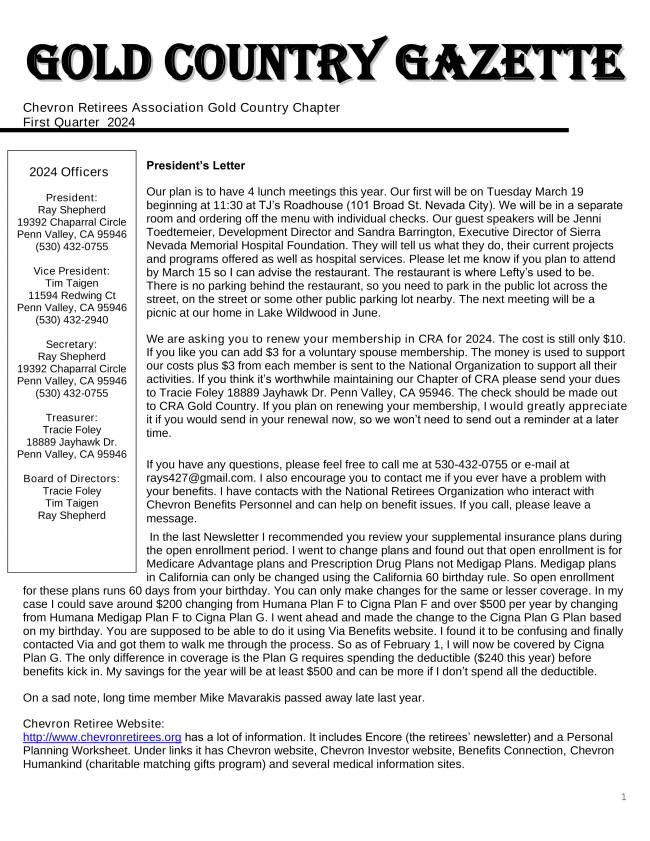 CRA GOLD COUNTRY (CA) NEWSLETTER 1Q 2024