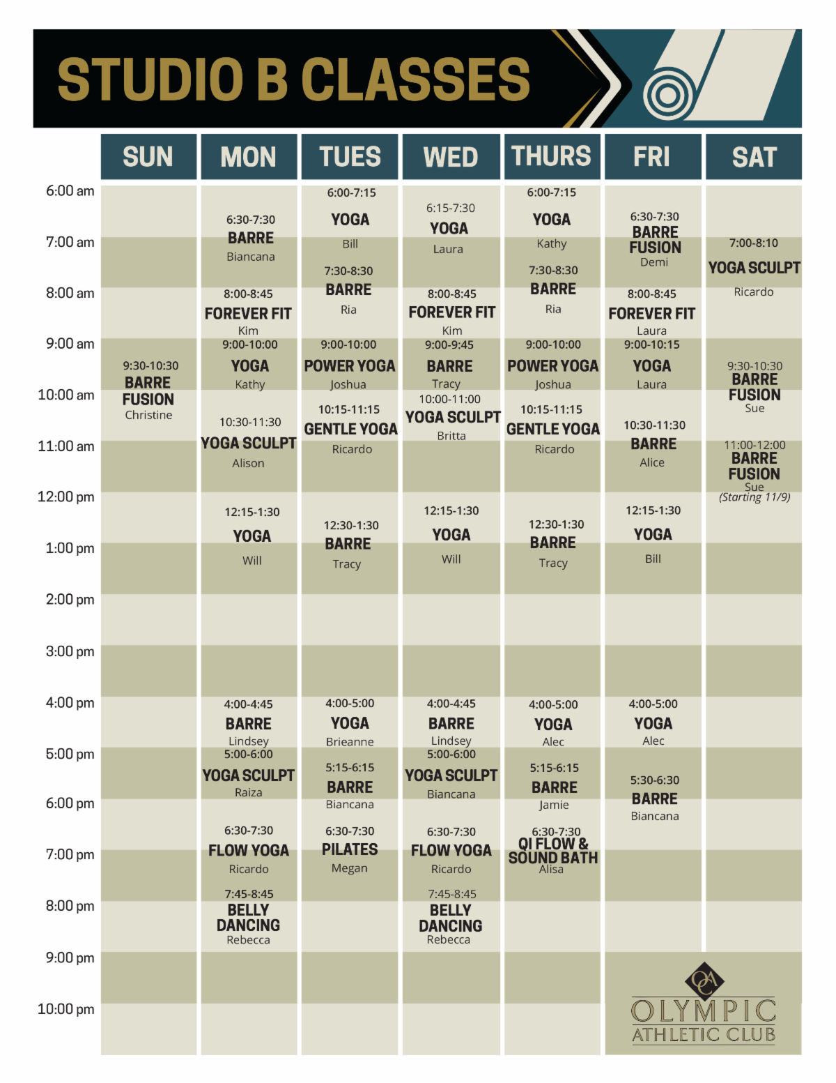 November 2024 Classes Schedules