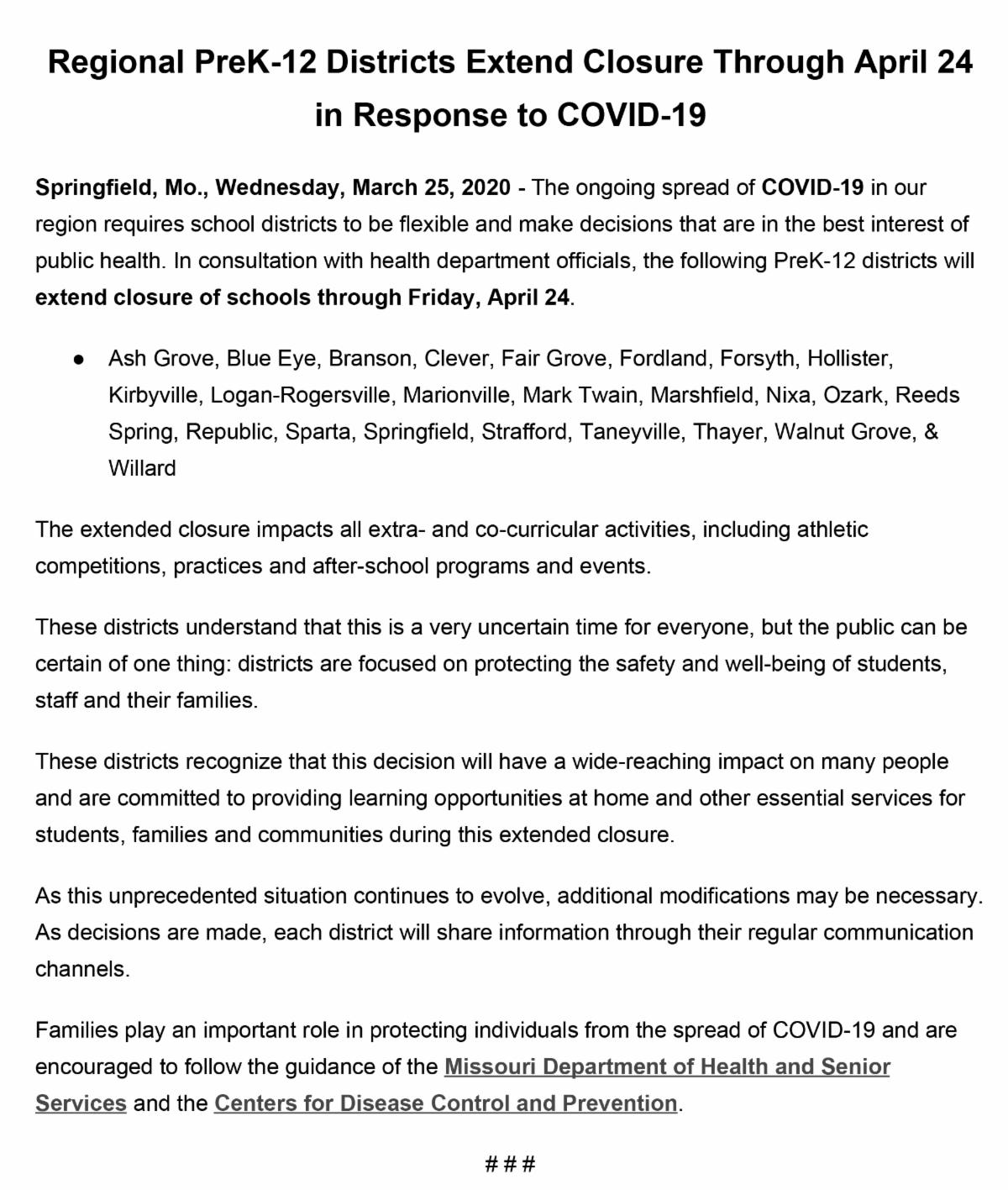 Coronavirus Extended Closing Announcement