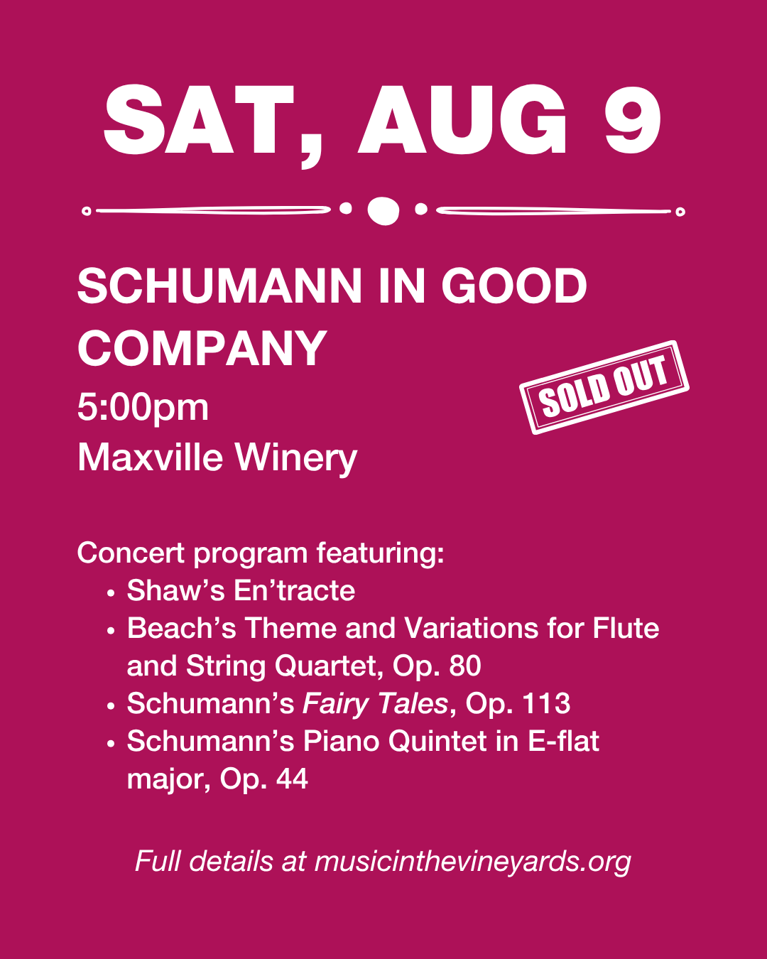 Concert Reminder for Wednesday, August 6 at Domaine Carneros