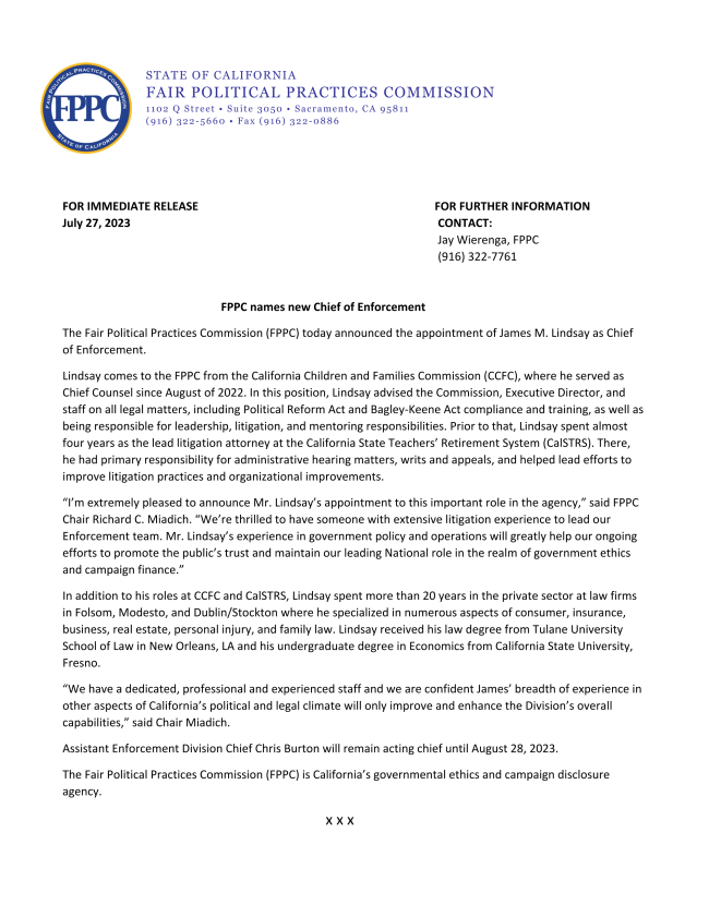 FPPC names new Chief of Enforcement