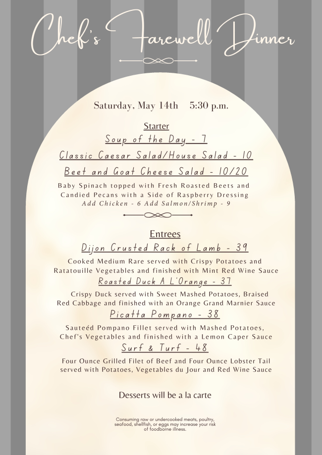 Chef's Farewell Dinner Party - Saturday, May 14th