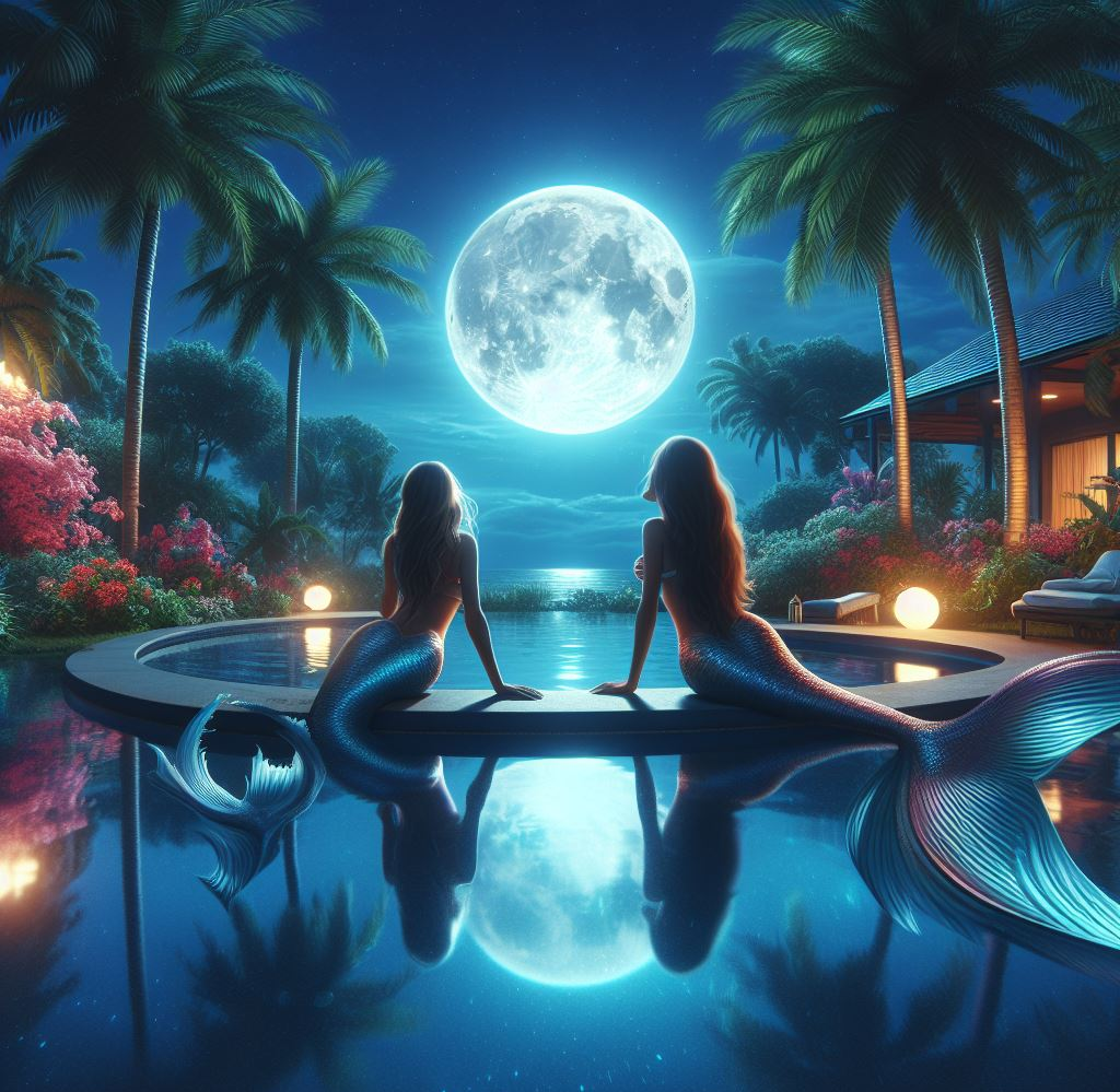 Miracle Mermaids Full Moon Float - April 21, 2024. Sunset Dinning Poolside.