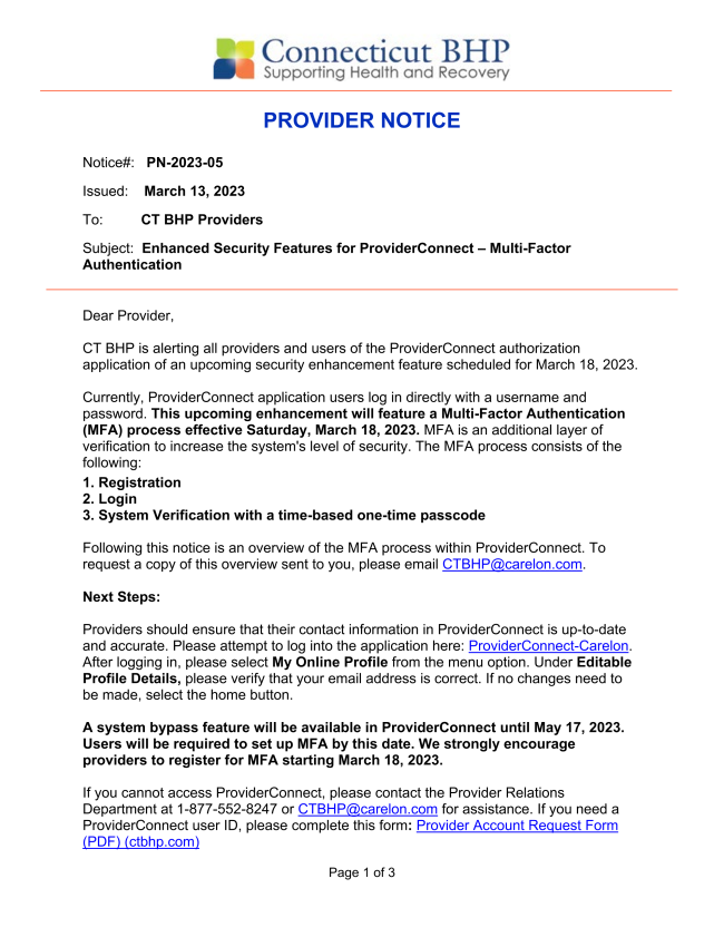CT BHP Provider Notice - ProviderConnect Multifactor Authentication Process