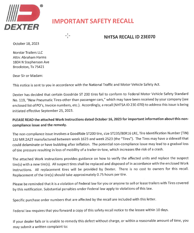 Dexter / Tex Trail Recall Notice