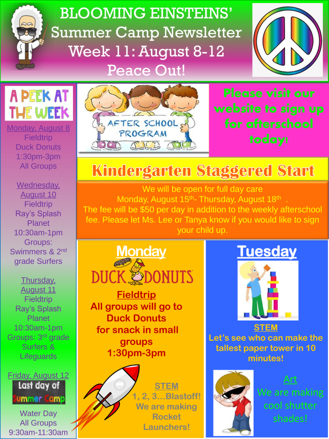 Blooming Einsteins' Summer Camp Newsletter-Week 11: August 8-12