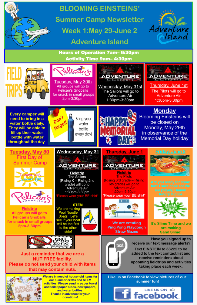 Blooming Einsteins' Summer Camp Newsletter-Week 1: May 29-June 2