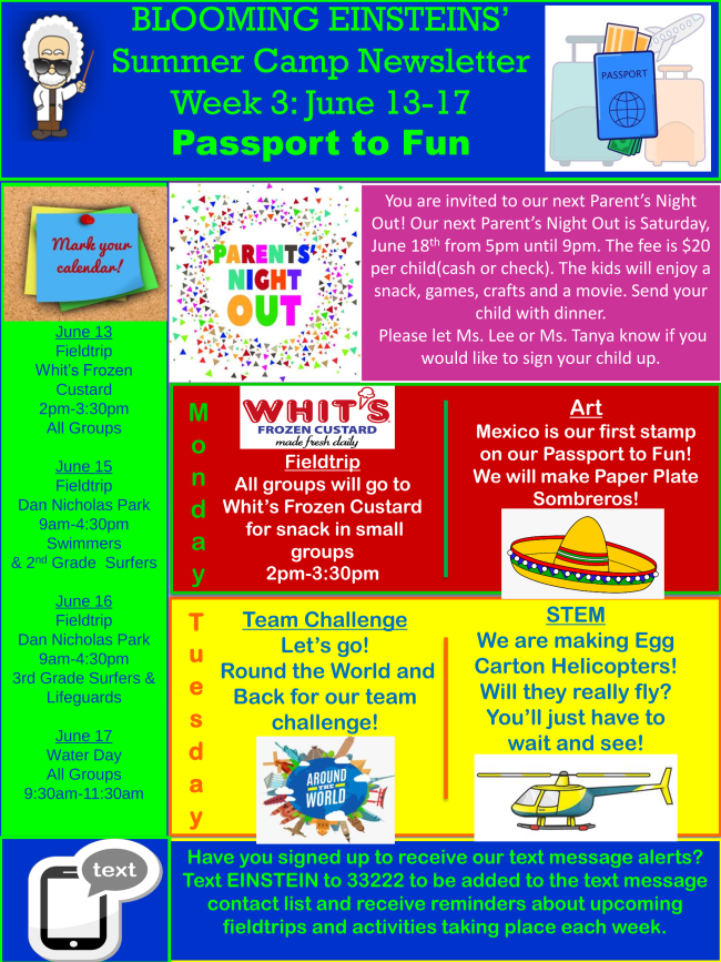 Blooming Einsteins' Summer Camp Newsletter-Week 3: June 13-17