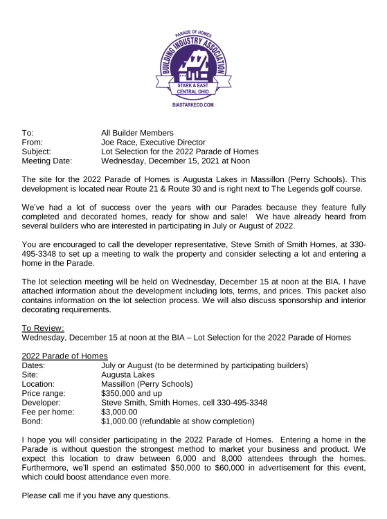 Lot Selection Meeting for 2022 Parade of Homes is Wednesday, December ...