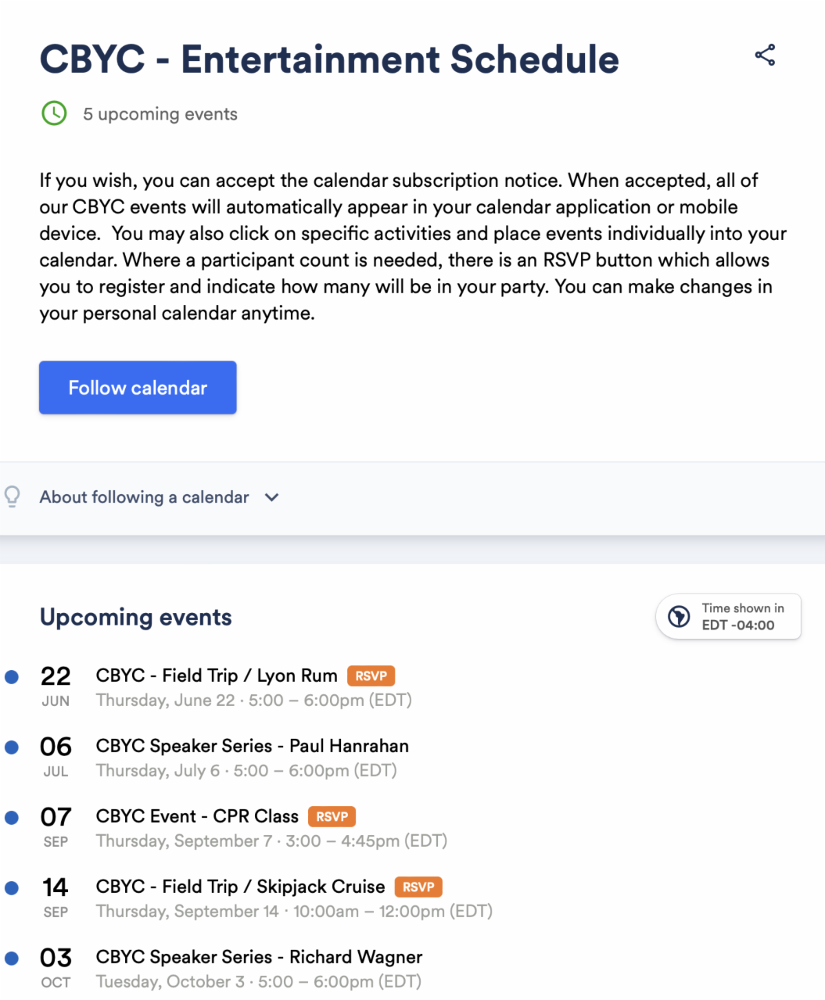 CBYC Entertainment Committee - 2023 Schedule