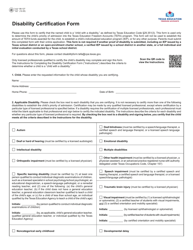 Just Released: TEFA Disability Certification Form