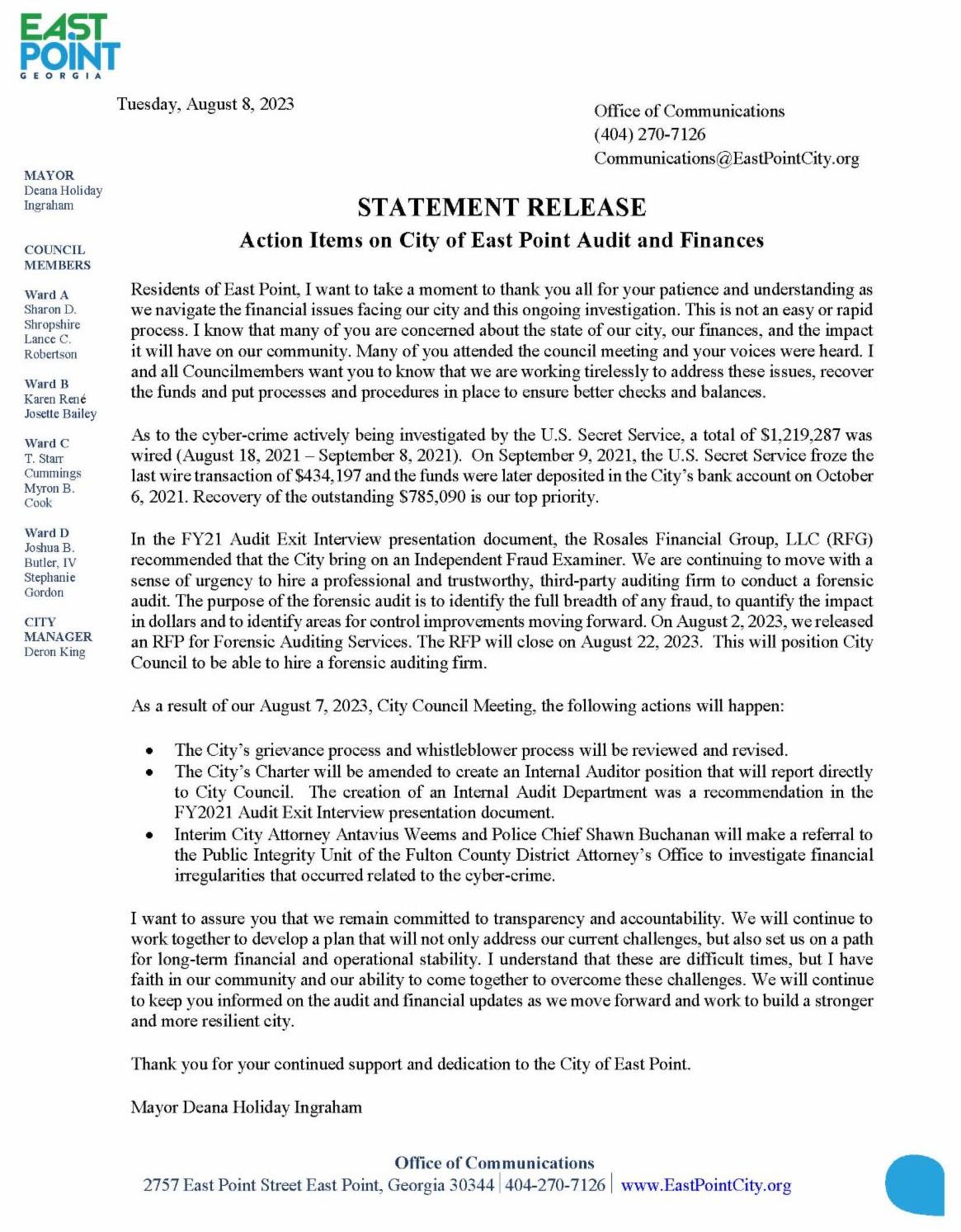 STATEMENT RELEASE: Mayor Deana Holiday Ingraham Releases Action Items ...