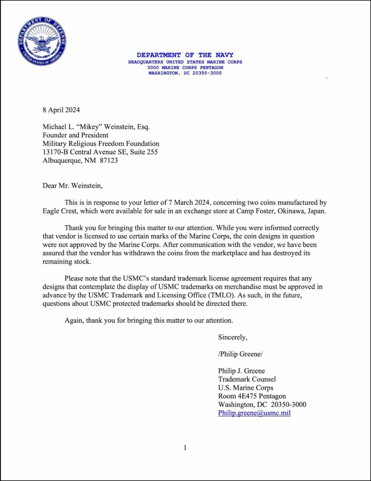 MRFF VICTORY! USMC Trademark & Licensing Program Stops Company Using ...