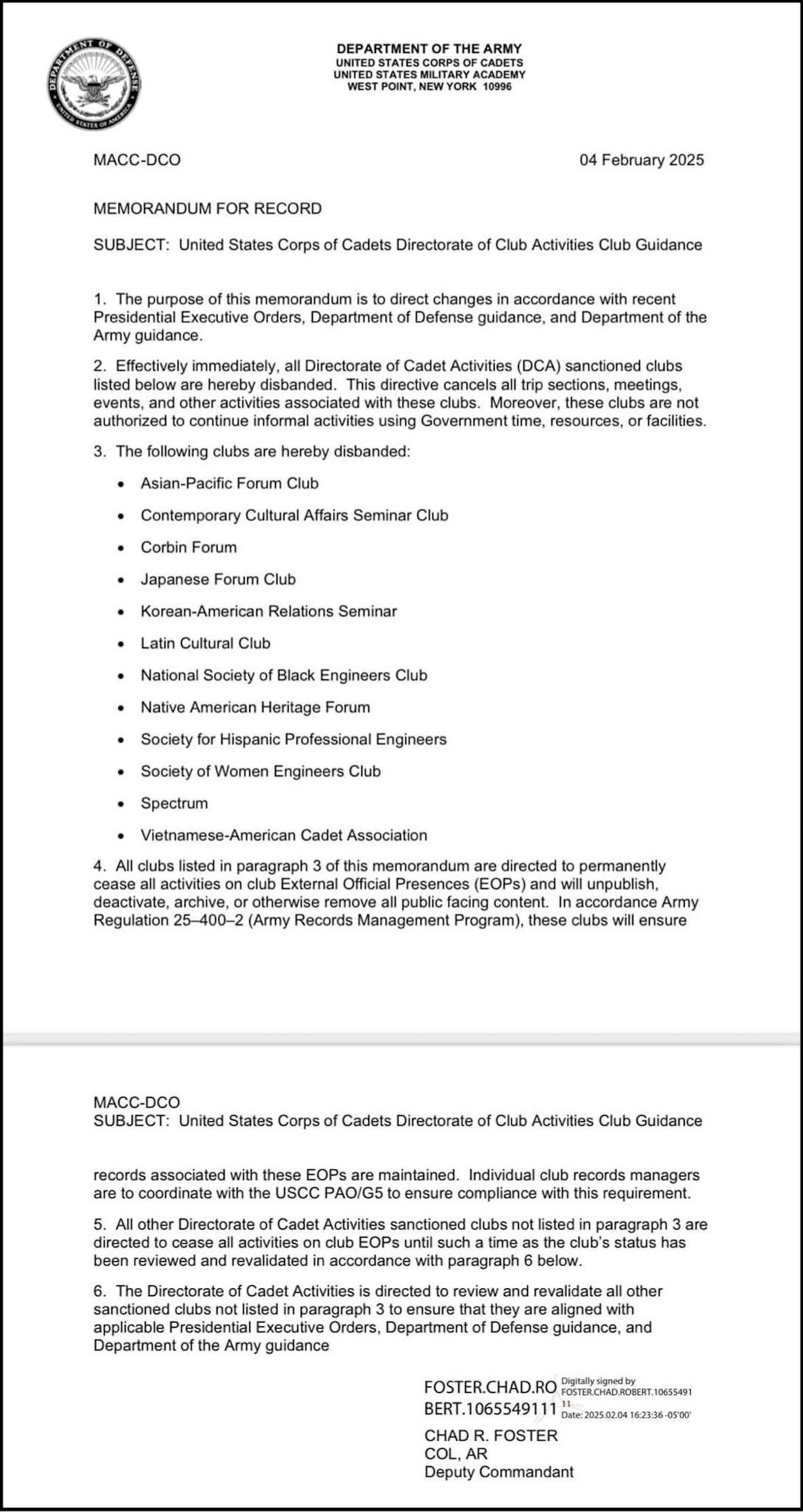 West Point Orders All Minority Clubs to Disband; Army-Wide Memo ...