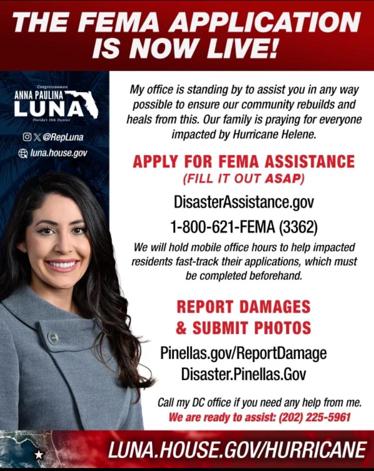 FEMA APPLICATIONS FOR HURRICANE HELENE ASSISTANCE NOW OPEN