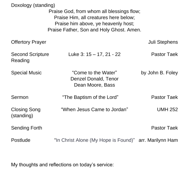 Worship With Us! - Sunday Bulletin/Order of Service - January 9th, 11 am