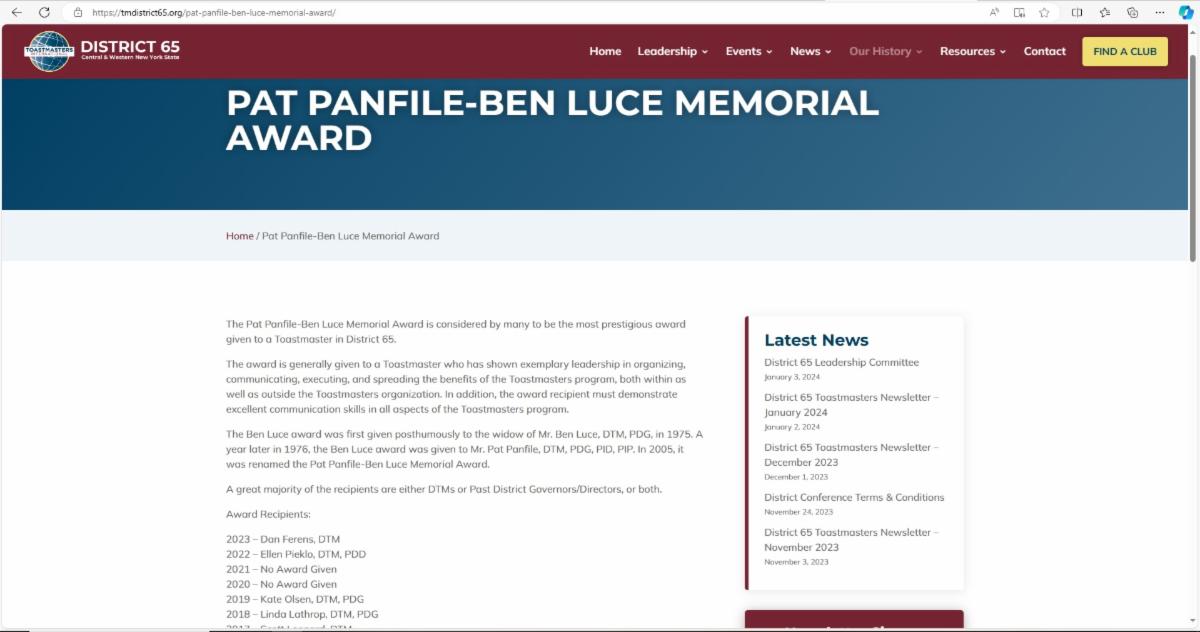 Request for Pat Panfile Ben Luce Award Nominations