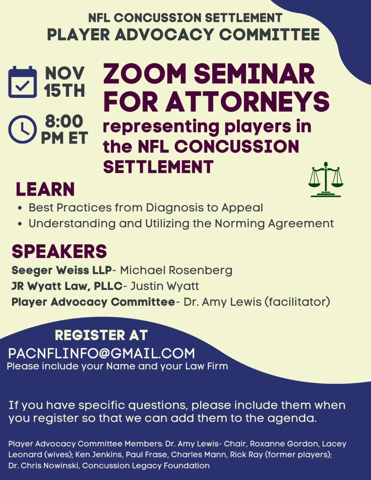 ZOOM CALL FOR NFL CONCUSSION SETTLEMENT ATTORNEYS!
