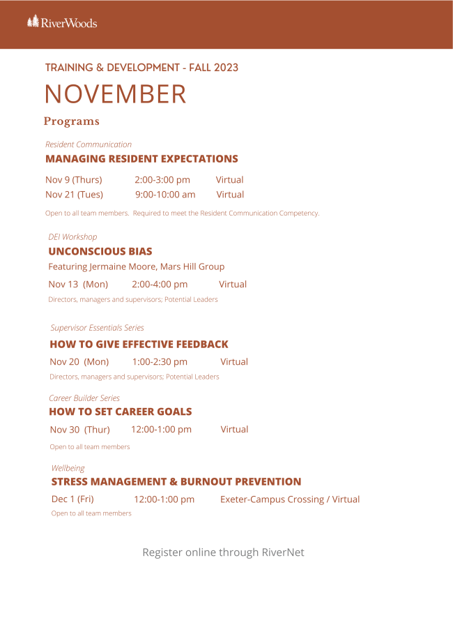 November RiverWoods Roundup
