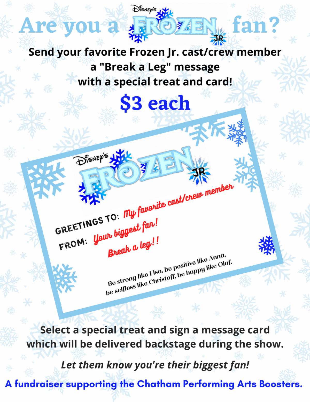 Send a Break a Leg Message to a Frozen JR Cast or Crew Member!