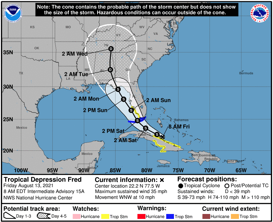 ***Tropical Depression Fred Update for August 13, 2021***