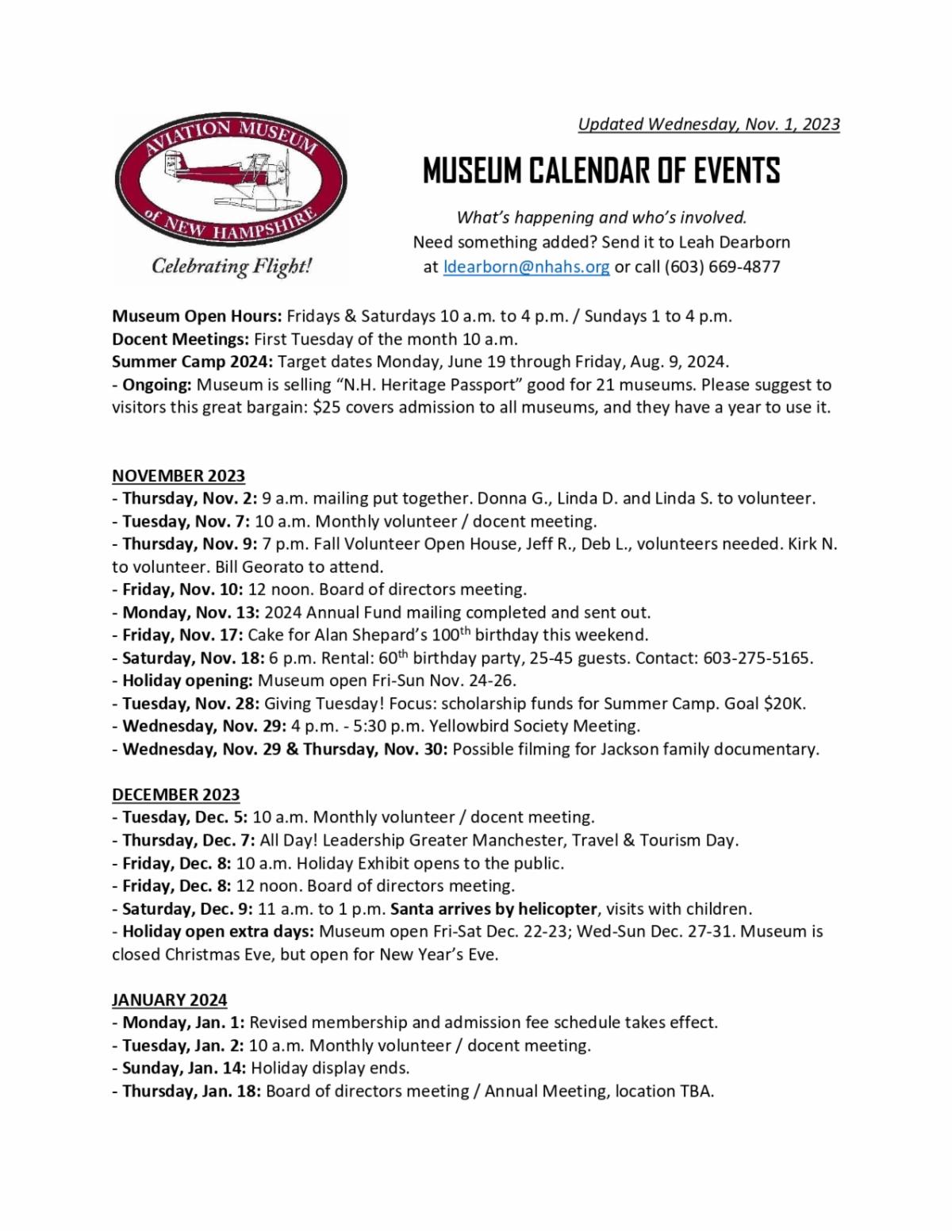 Aviation Museum Weekly Volunteer Call 11/1